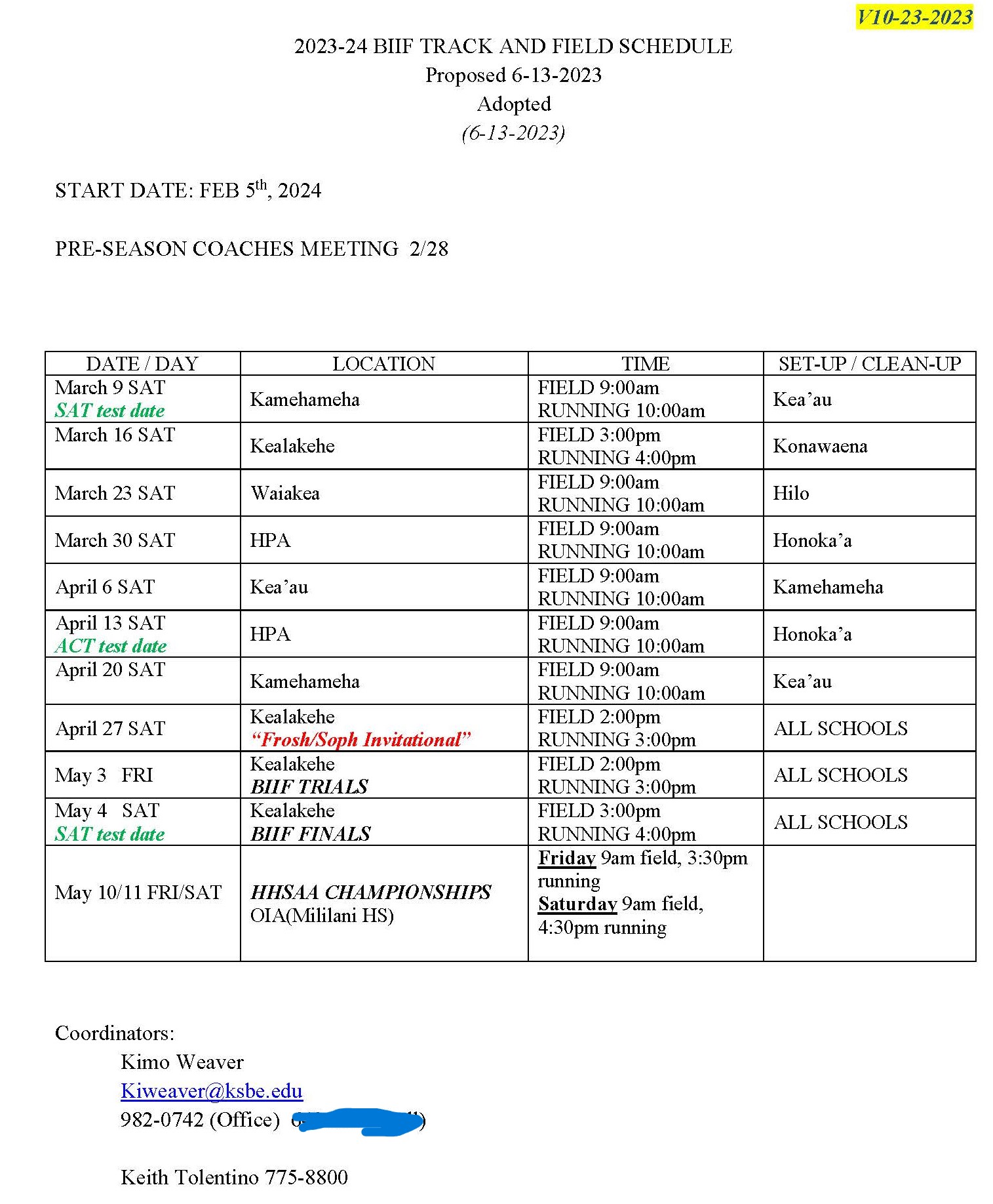 Schedule - Track & Field* - Big Island Interscholastic Federation (HI)